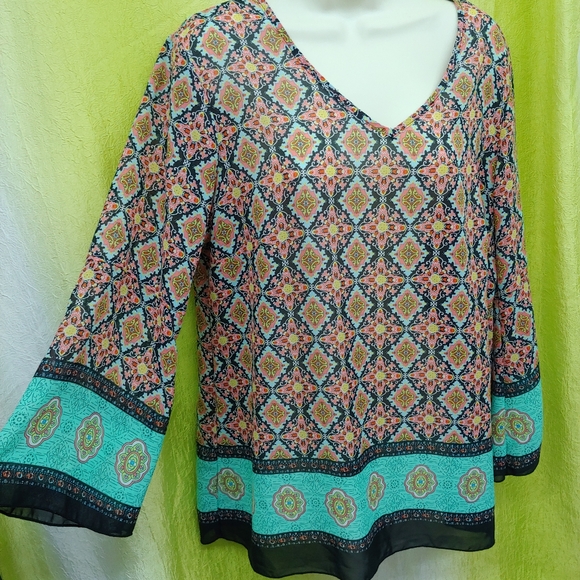 dressbarn | Tops | Dressbarn Boho Multicolor Chiffon Long Sleeve Blouse ...